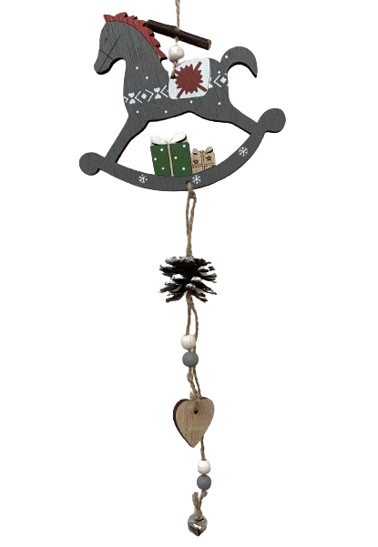 Grå gyngehest i træ -Juleophæng - Hyggeligt julepynt - Dengamlejul.dk